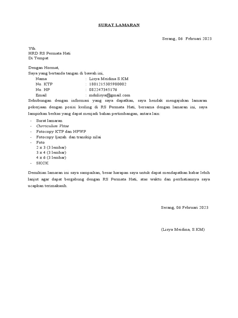 Surat Lamaran Rs Permata | PDF