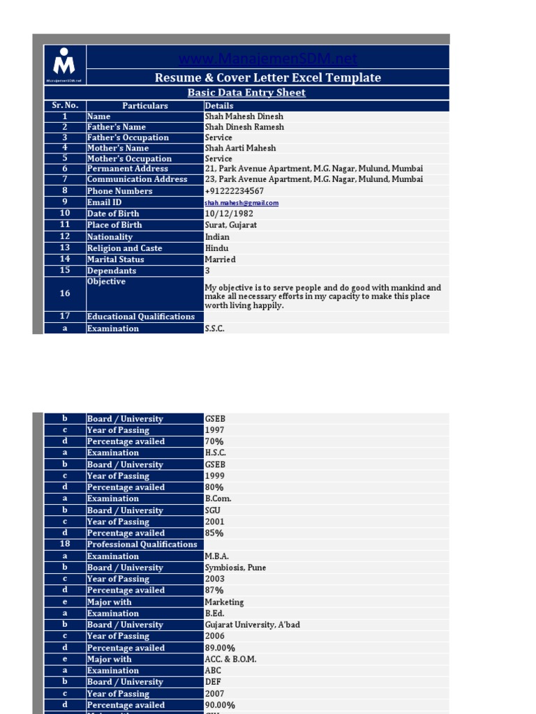 Resume and Cover Letter Excel Template | PDF | Teachers