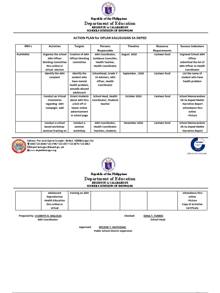 Sta. Anastacia-San Rafael National High School ARH Action Plan For 2019 | PDF