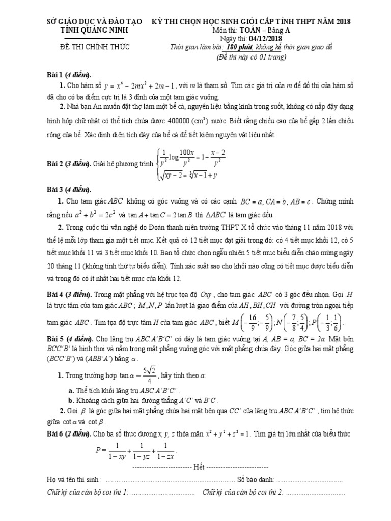De Thi Chon HSG Toan Cap Tinh THPT Nam 2018 So GD Va DT Quang Ninh Bang ...