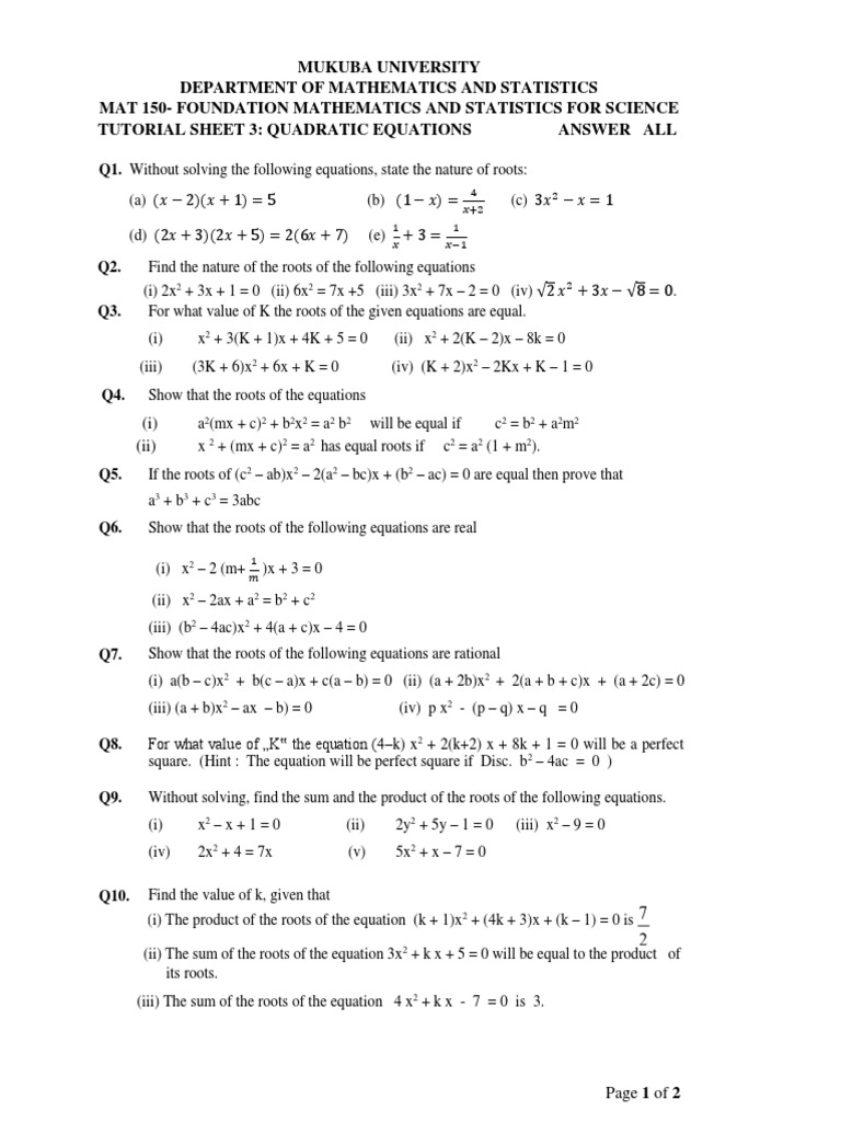 Mat150 Tutorial Sheet 3 - Quadratic Equations | Download Free PDF ...
