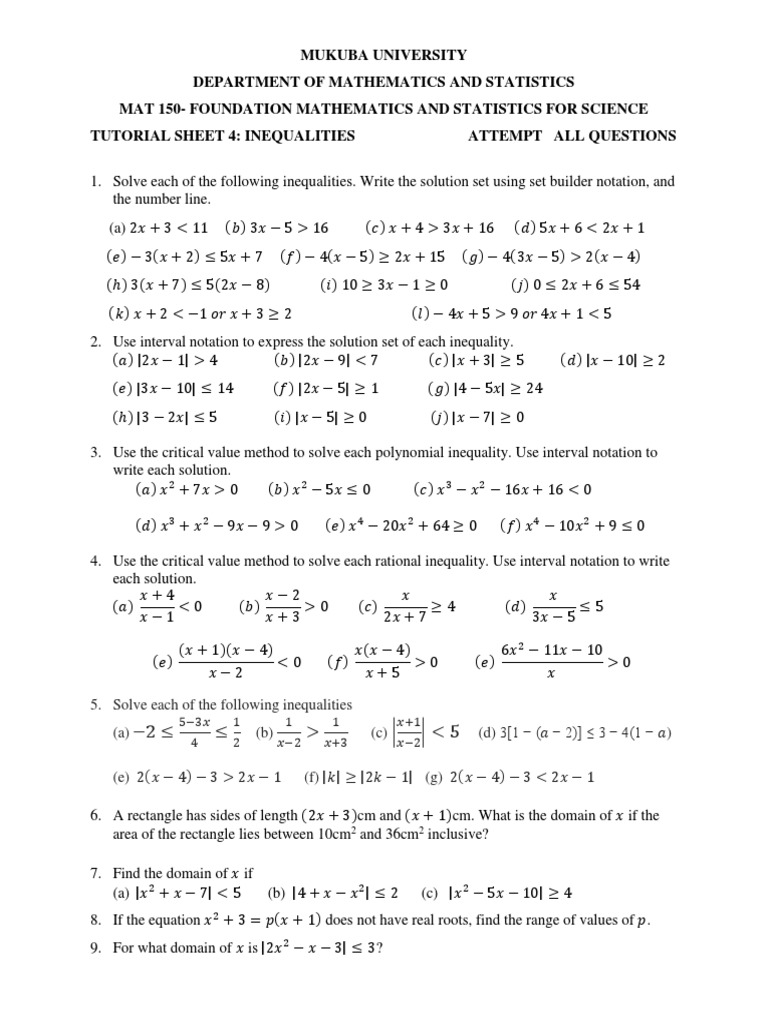 Mat150 Tutorial Sheet 4 - Inequalities | PDF | Inequality (Mathematics ...