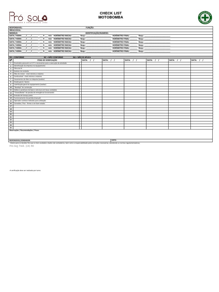 Pro - Seg.Trab. (16) R0 - Check-List MotoBomba | PDF