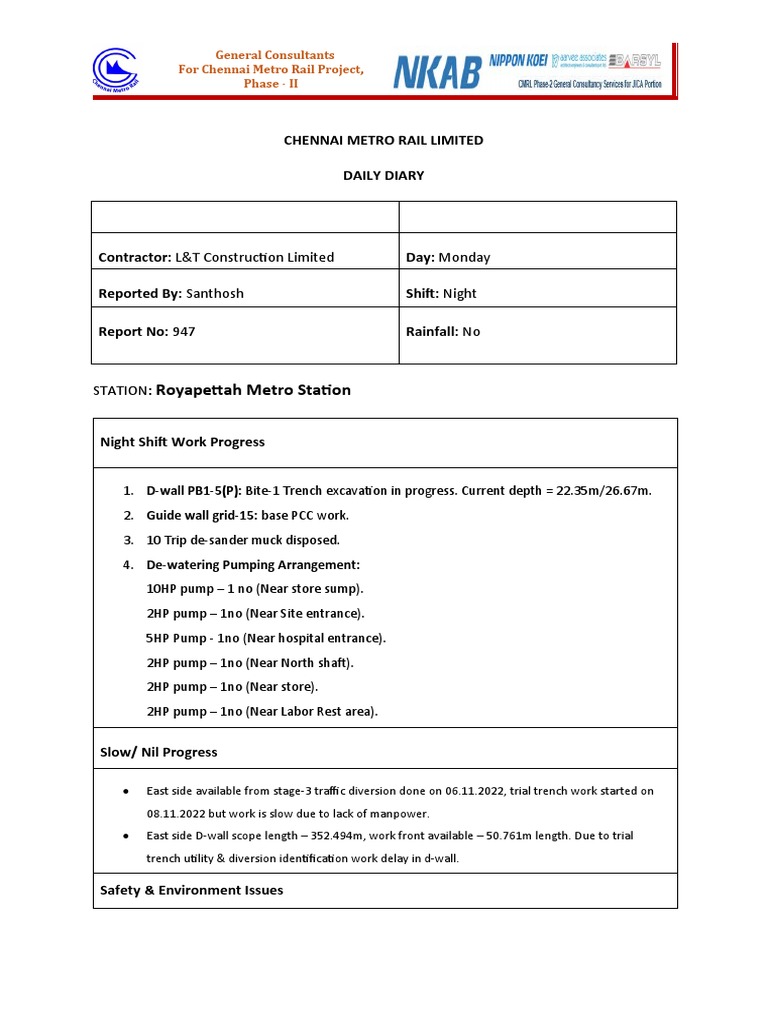 Royapettah Metro Station Night Shift Work Progress Report | PDF