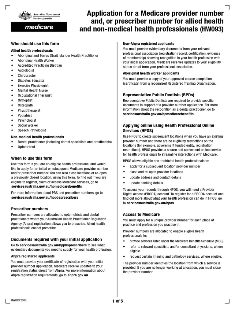 Application For A Medicare Provider Number And, or Prescriber Number ...