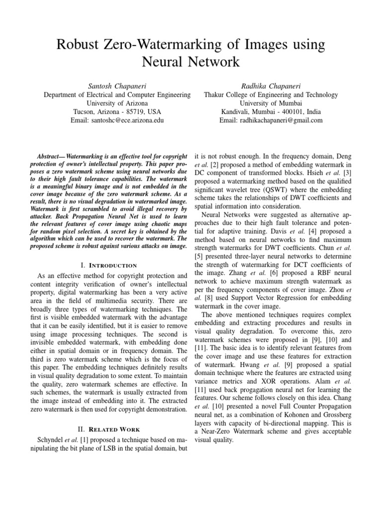 Robust Zero-Watermarking of Images Using Neural Network: Santosh Chapaneri Radhika Chapaneri ...
