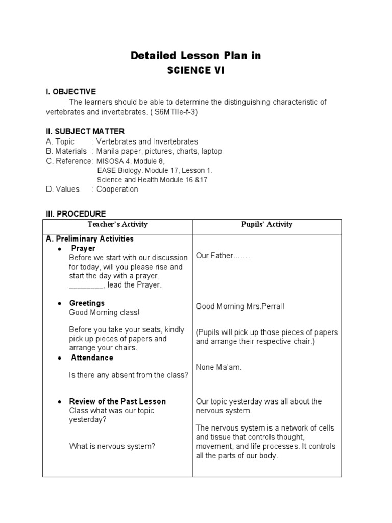 Grade 6 Lesson Plan: Vertebrates vs Invertebrates | PDF | Invertebrate ...