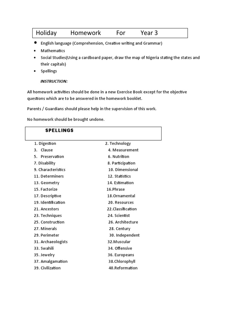 Year 3 Holiday Homework Guide | PDF