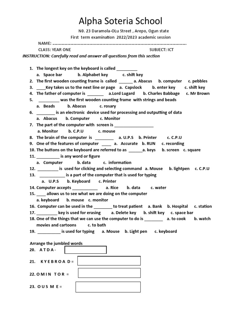 First Term Examination Ict Pdf Computer Keyboard Input Output