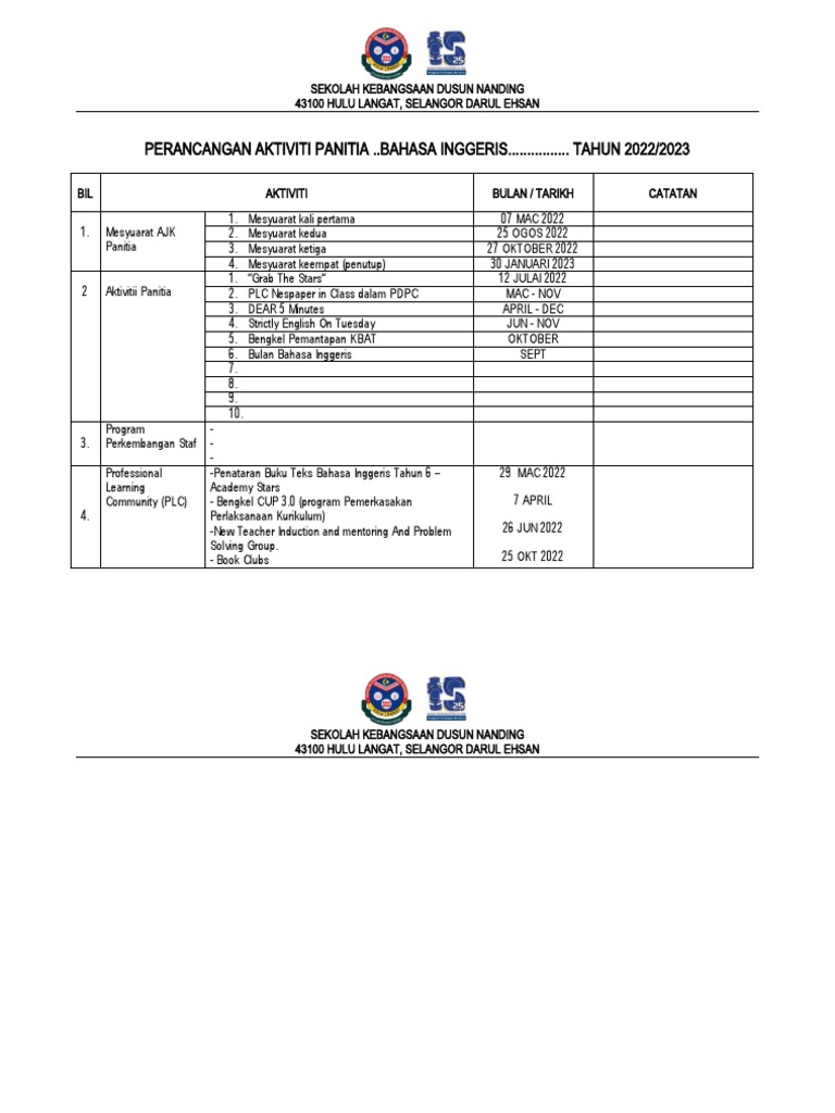 Perancangan Aktiviti Panitia 2022 - 2023 | PDF