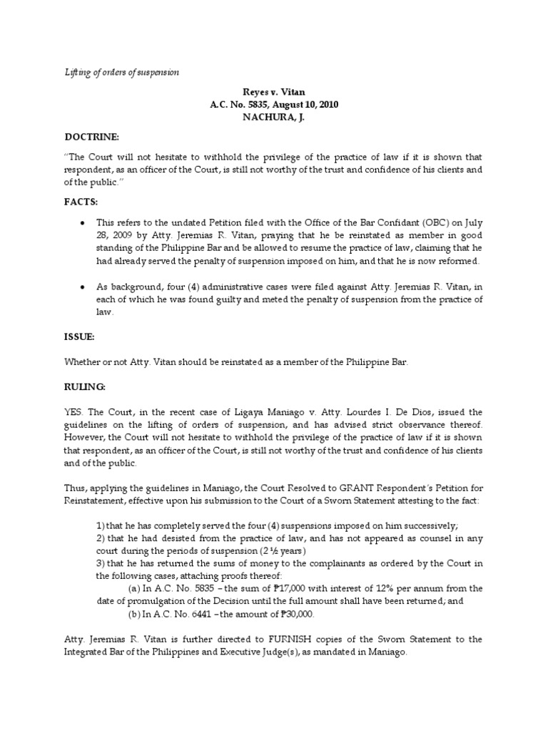 Reyes v. Vitan | Download Free PDF | Judiciaries | Public Law