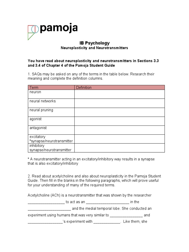 Bio Approach Neuroplasticity and Neurotransmitters Activity Worksheet ...