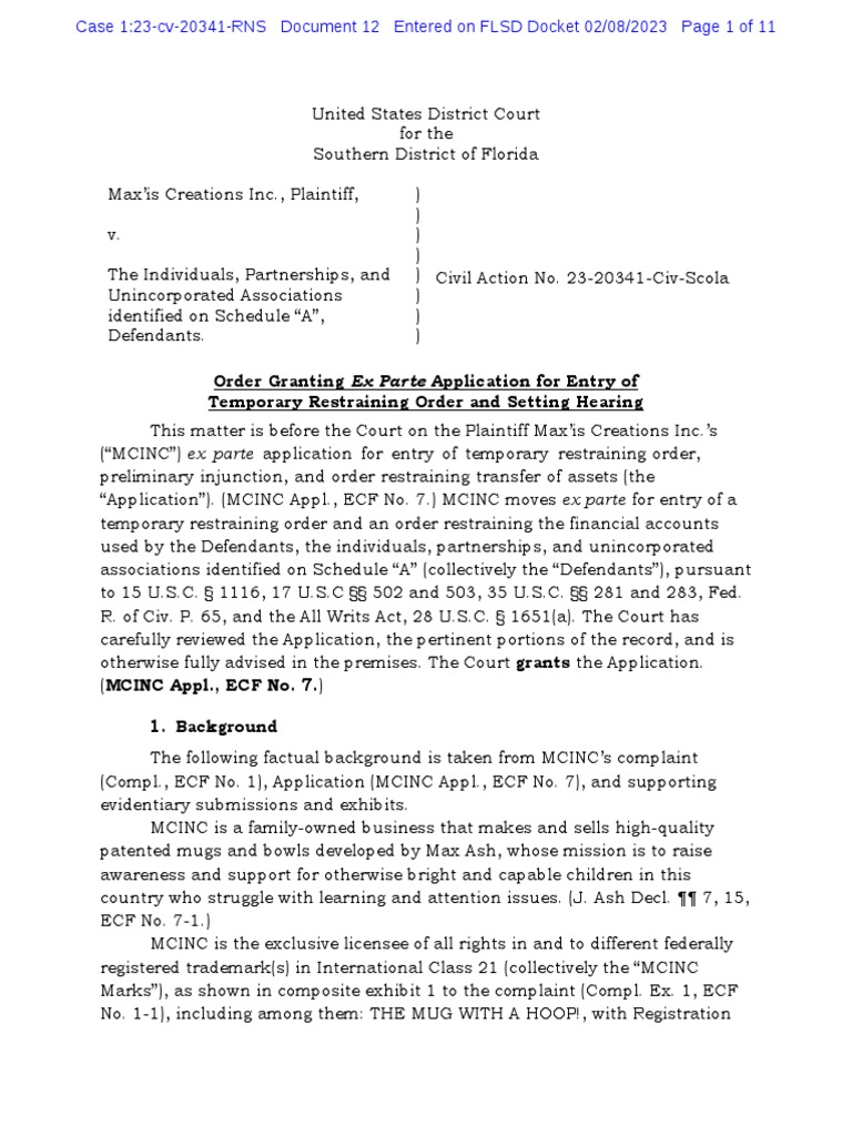 Maxi's v. Schedule A - Order On TRO | PDF | Trademark | Injunction