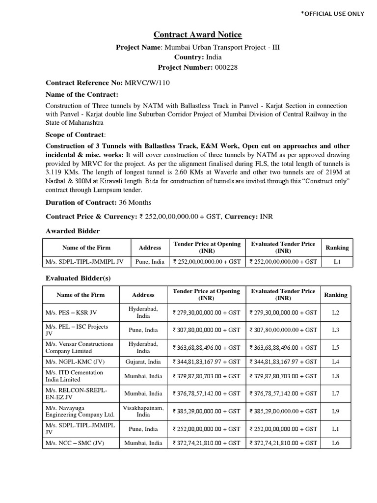 Mumbai Urban Transport Project Tender Award | PDF | Finance & Money ...