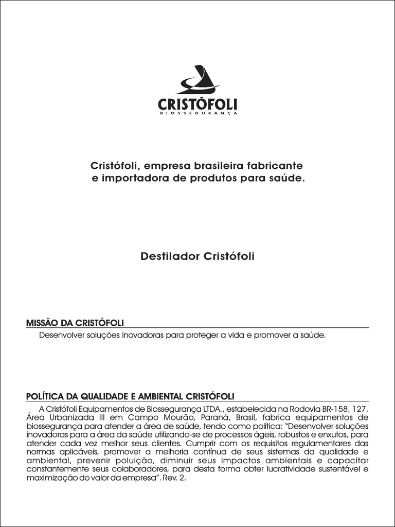 Manual de Instruções do Destilador Cristófoli | PDF | Esterilização ...