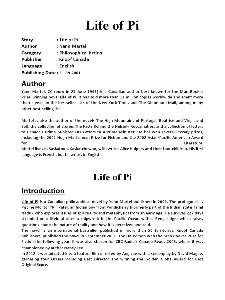 Life of Pi: Yann Martel's Award-Winning Novel | PDF