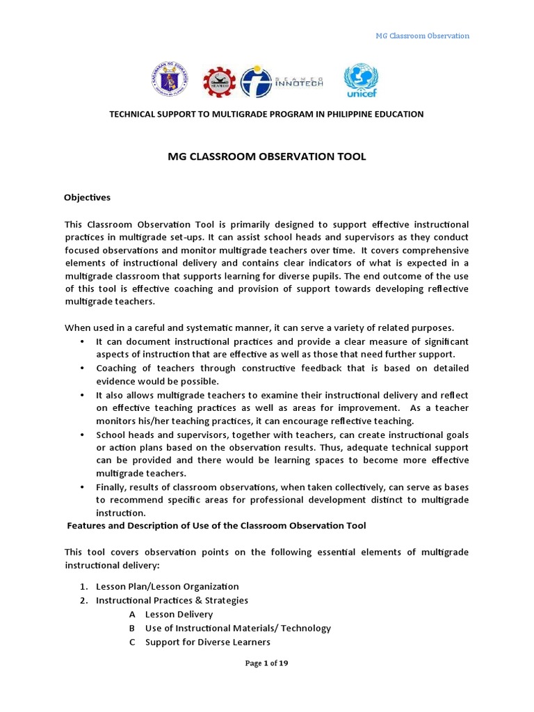 MG Classroom Observation Tool | PDF | Teachers | Lesson Plan