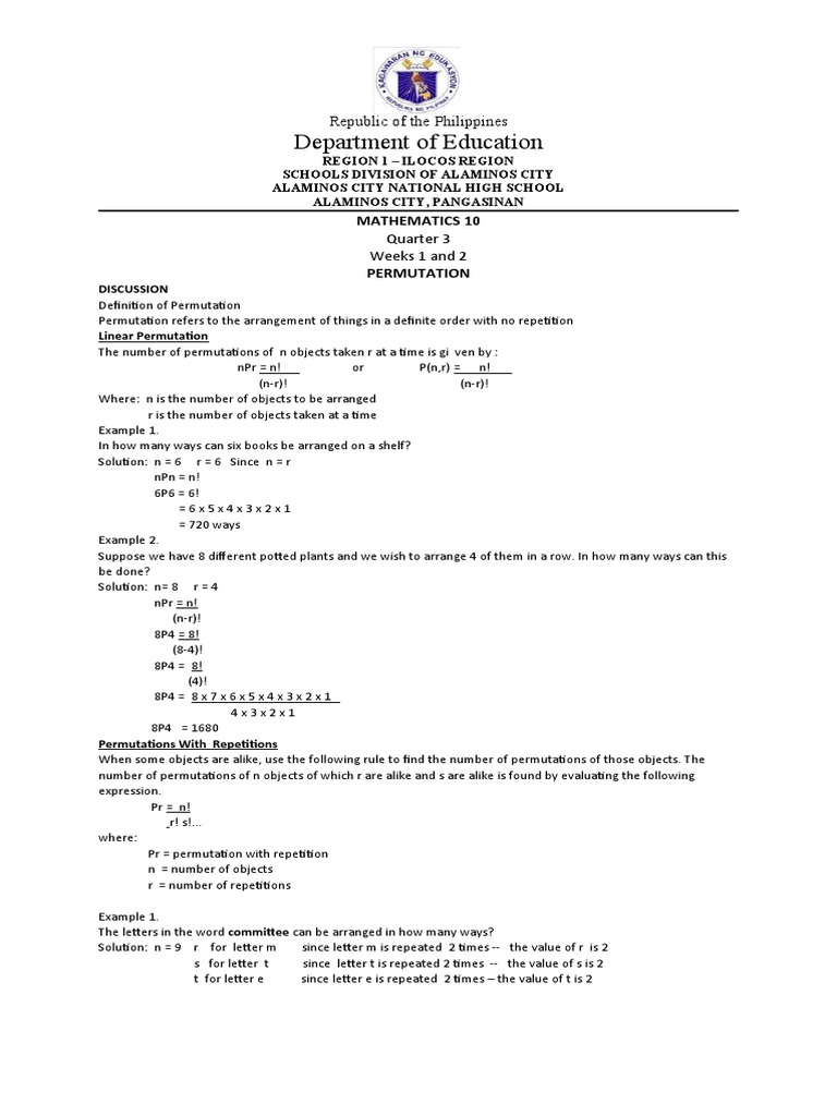 AS Math 10 Q3 Week 1 2 | PDF | Permutation | Mathematics