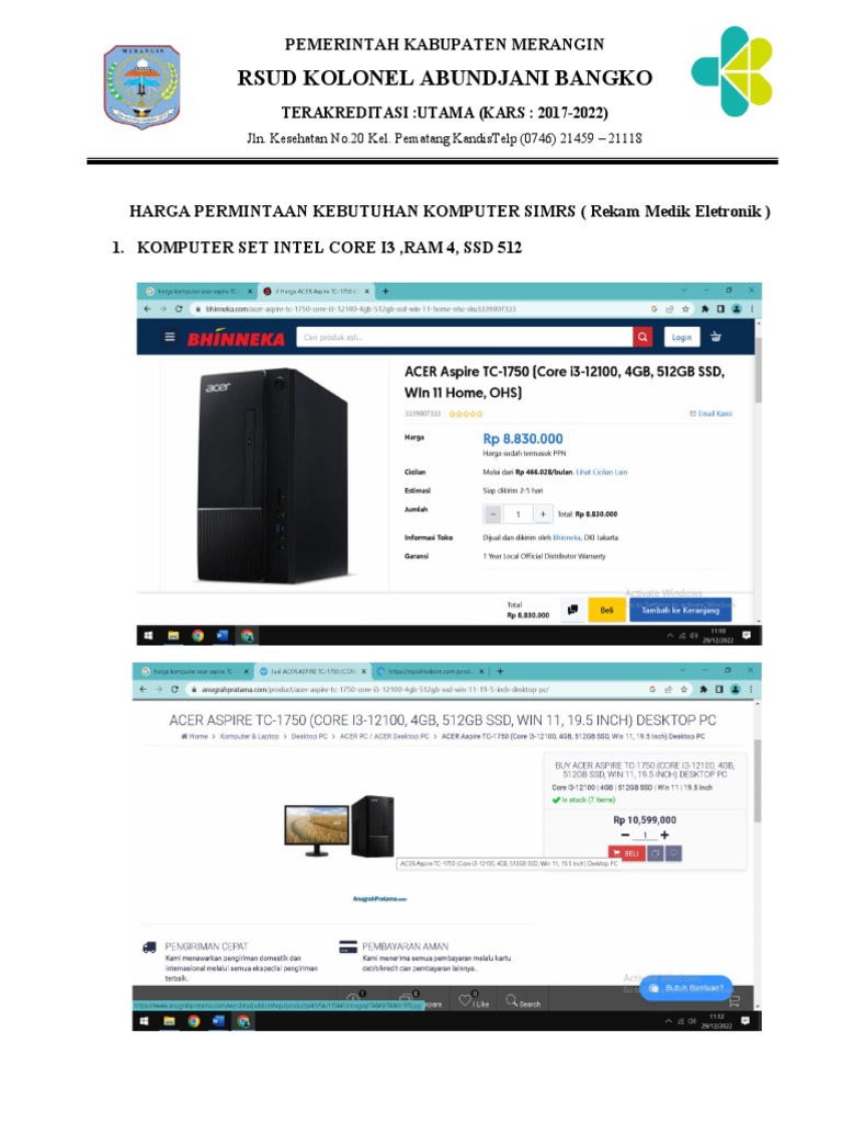Harga Rekapan Kebutuhan Komputer Simrs Rme | PDF | Komputer | Teknologi & Rekayasa