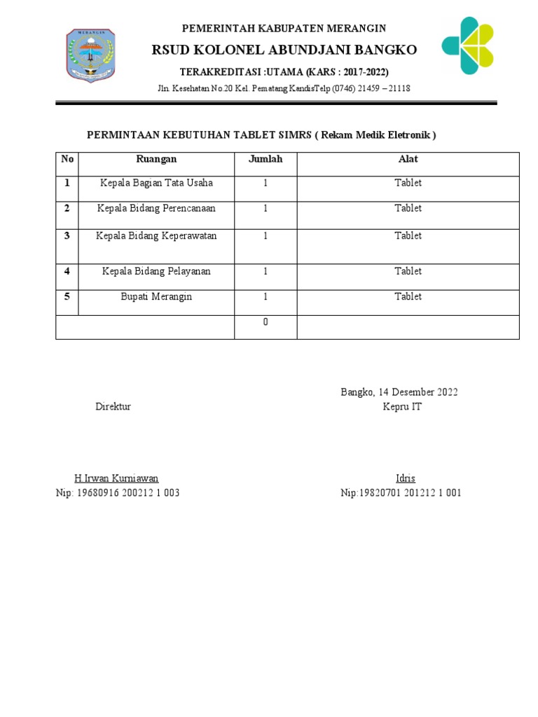 Permintaan Tablet SIMRS di RSUD Merangin | PDF