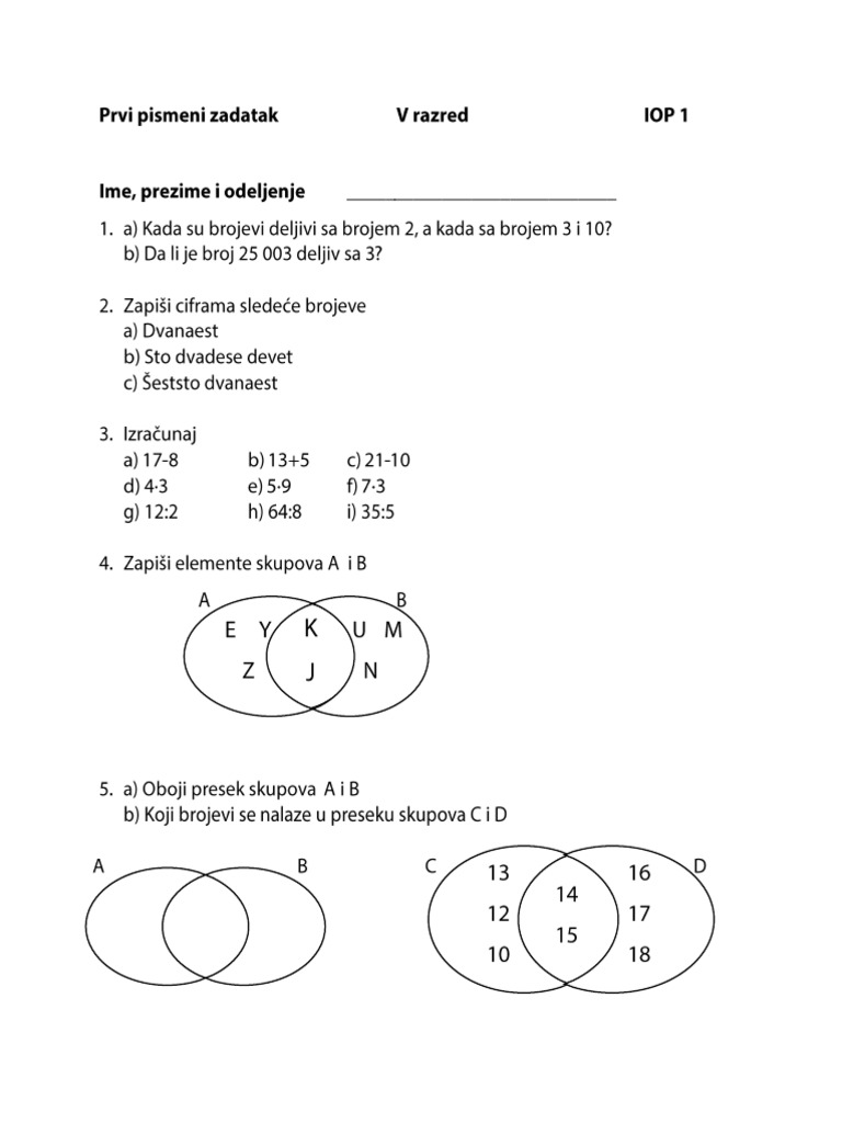 Prvi Pismeni Zadatak V Razred IOP 1 | PDF