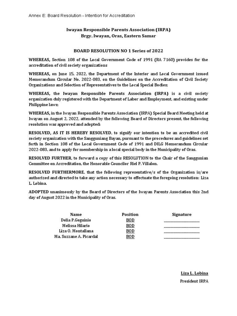 Board Resolution for CSO Accreditation | PDF | Philippines | Justice