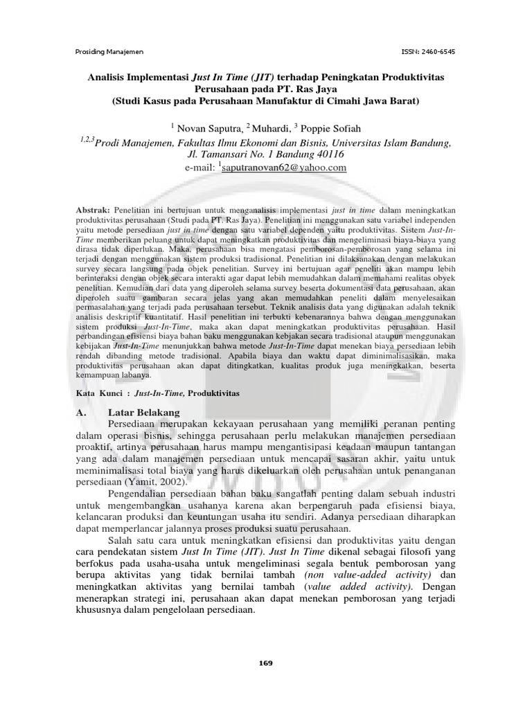 Analisis Implementasi Just in Time (Jit) Terhadap Peningkatan Produktivitas Perusahaan Pada Pt ...