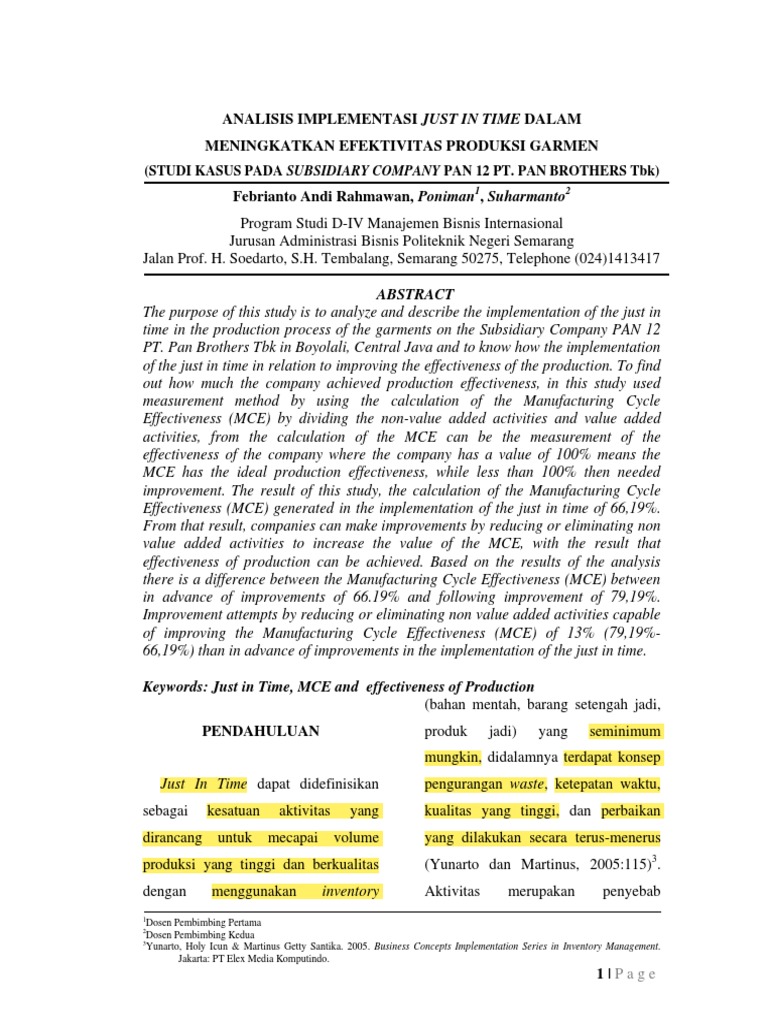 Analisis Implementasi Just in Time Dalam Meningkatkan Efektivitas Produksi Garmen | PDF ...