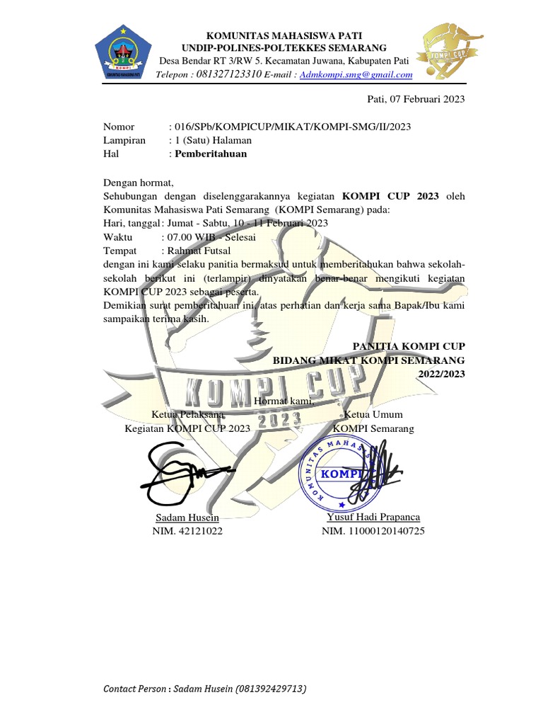 Revisi016 SPB - Surat Pemberitahuan Peserta KOMPI CUP 2023 | PDF