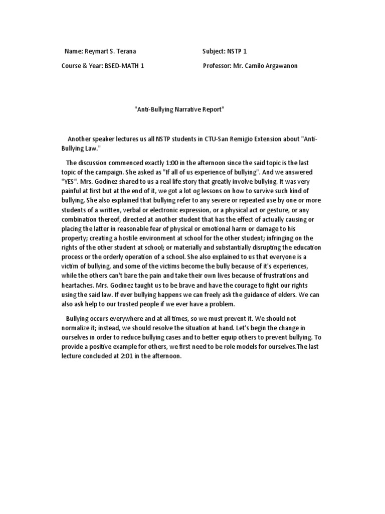 Anti-Bullying Narrative Report | PDF