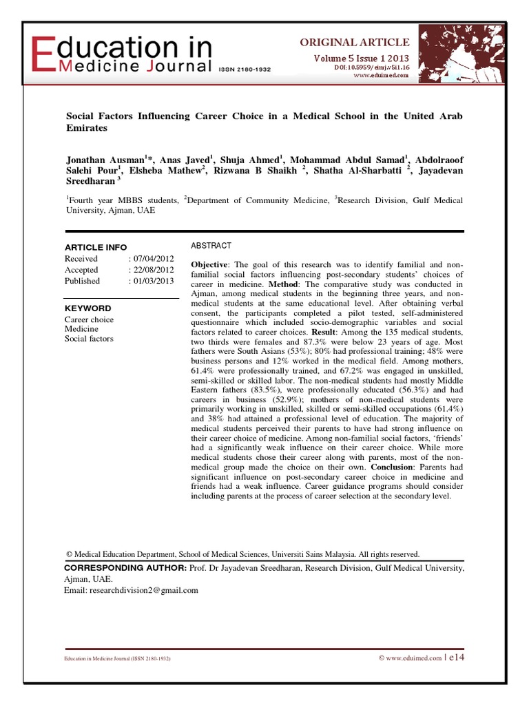 2013 Social Factors Influencing Career Choice in A Medical School in ... 2013 Social Factors Influencing Career Choice in A Medical School in ...