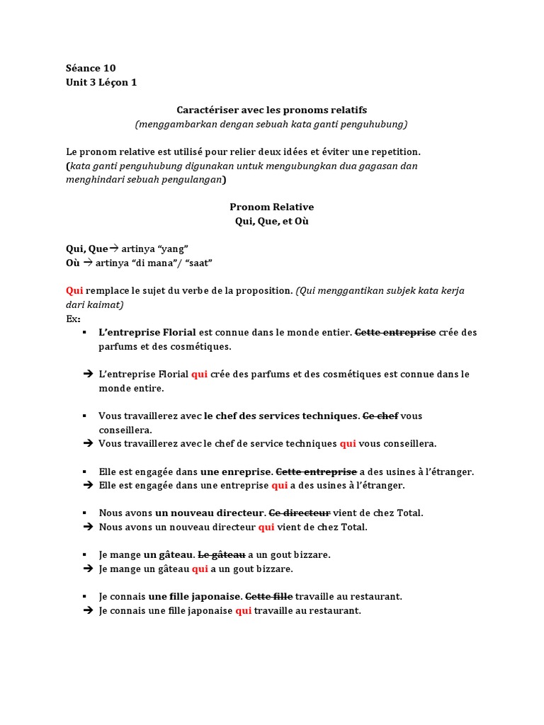 Pronoms relatifs : Qui, Que, Où, Dont | PDF | Complément d'objet ...
