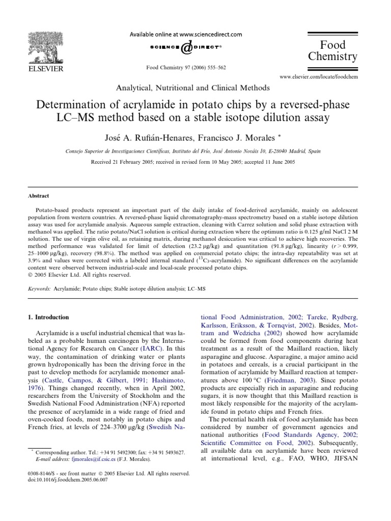 Acrylamide Detection in Potato Chips | PDF | High Performance Liquid ...