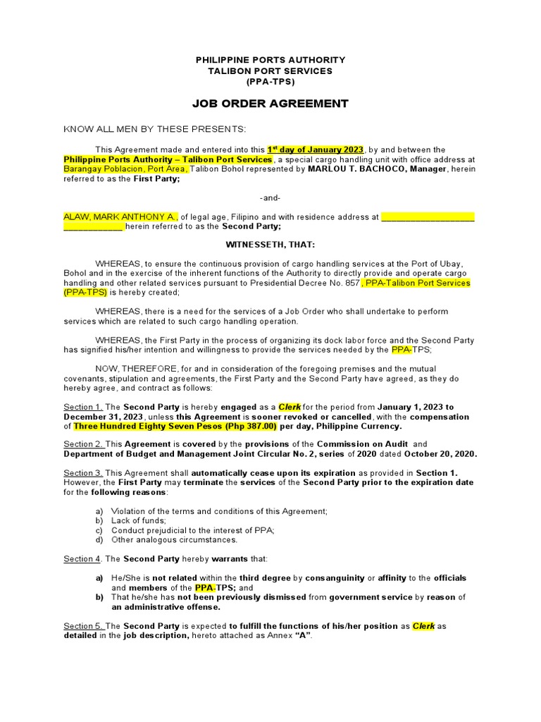 JOB ORDER AGREEMENT Clerk | PDF | Justice | Crime & Violence