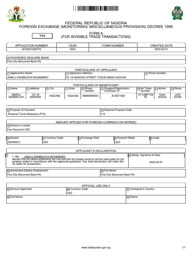 Federal Republic of Nigeria Foreign Exchange (Monitoring/ Miscellaneous ...