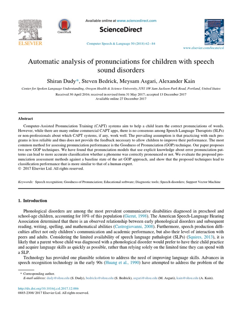 Automatic Analysis of Pronunciations For Children With Speech Sound ...