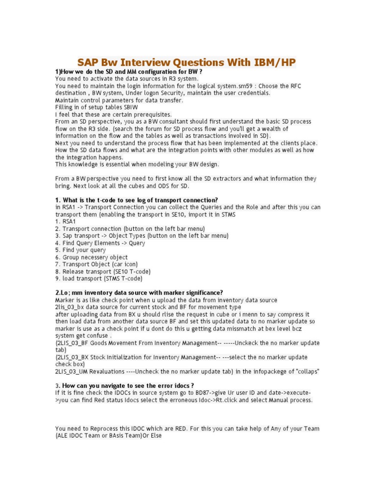 Sap Bw Interview Questions Pdf Business Process Graphical User Interfaces 