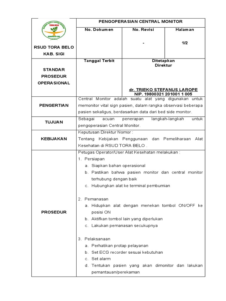 Prosedur Pengoperasian Central Monitor | PDF