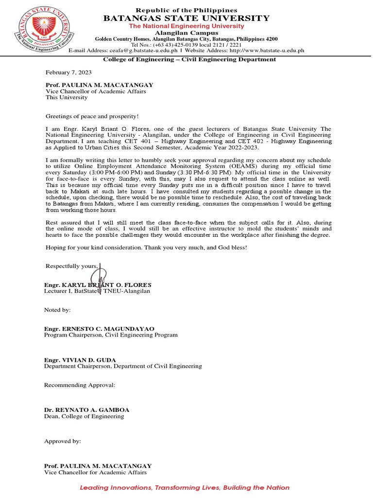 Letter of Schedule Concern Engr. Flores | PDF
