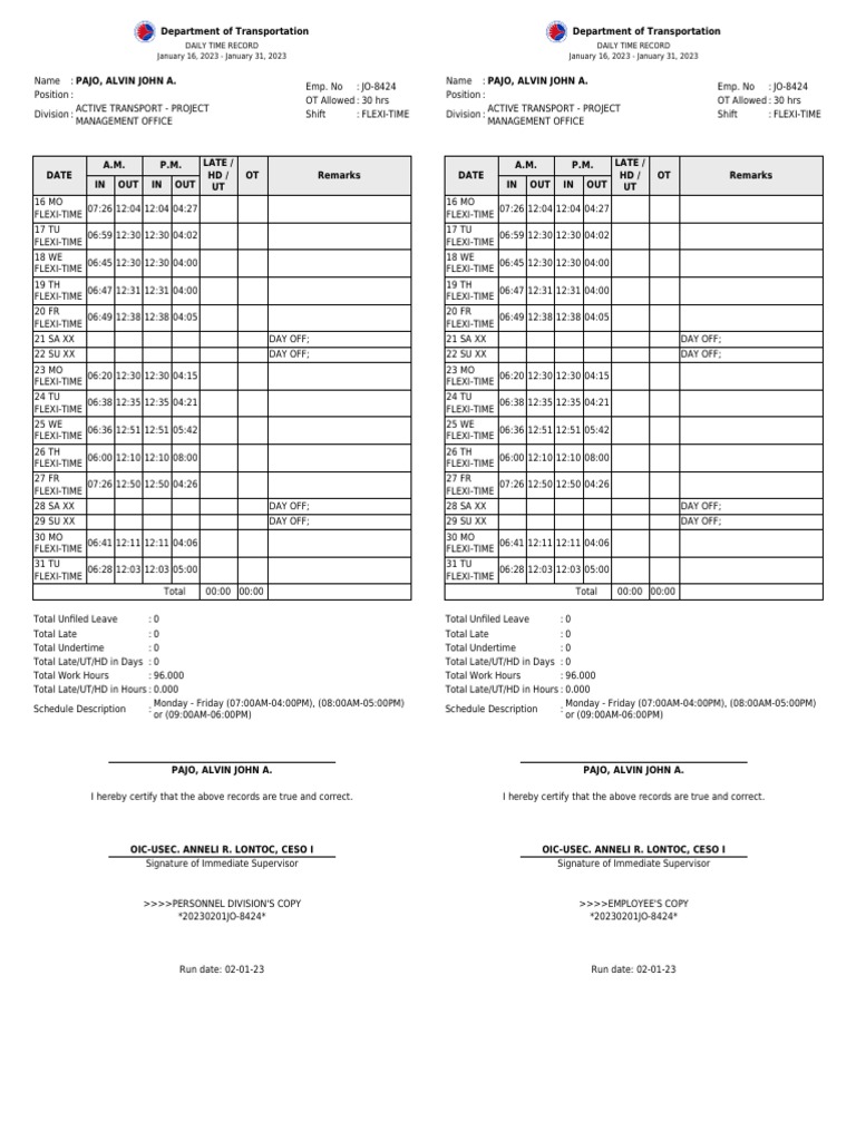Daily Time Record for Alvin Pajo | PDF