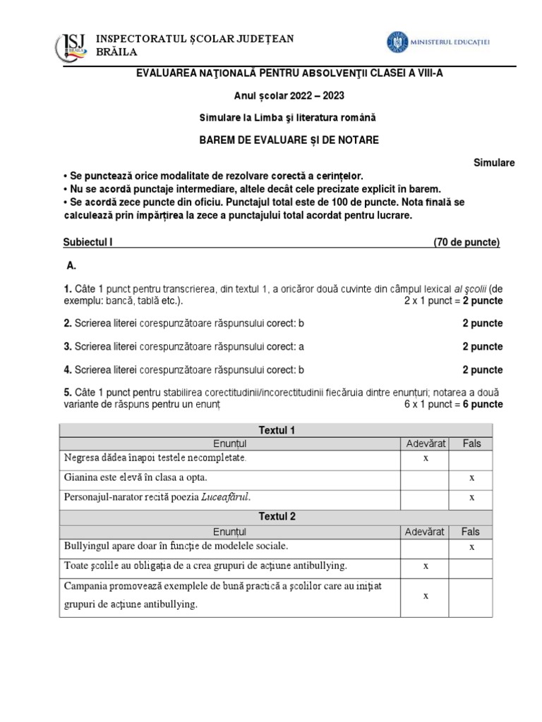 E.N. Barem Simulare 2023 Limba Romana | PDF