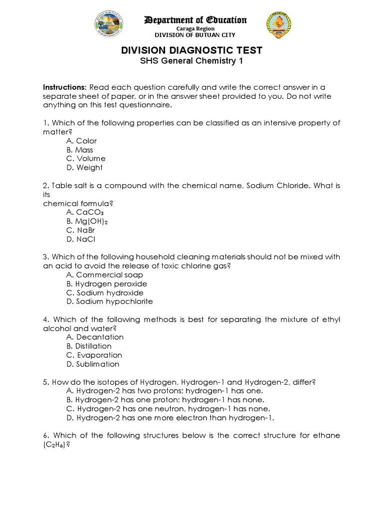 Diagnostic Test in General Chemistry 1 | PDF | Chemical Polarity | Gases
