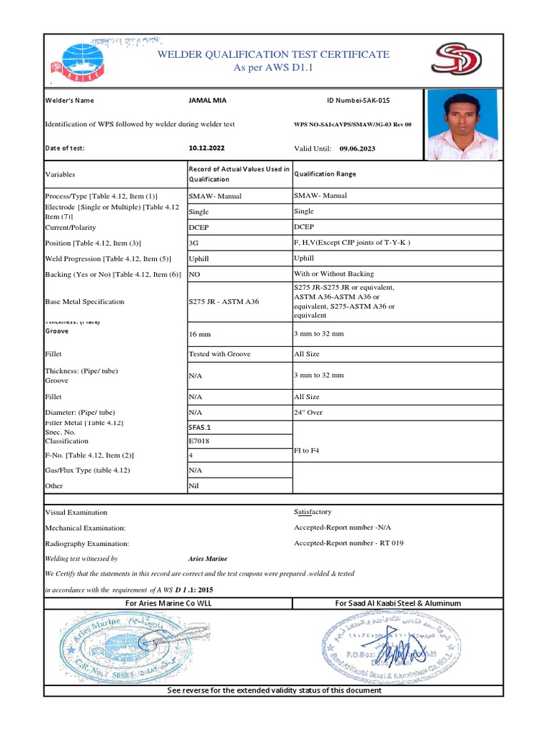 Welder Qualification Test Certificate for Jamal Mia Documenting ...