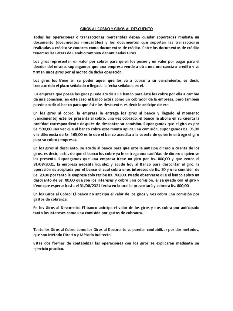 Giros al Cobro y Descuento en Contabilidad | PDF | Bancos | Crédito