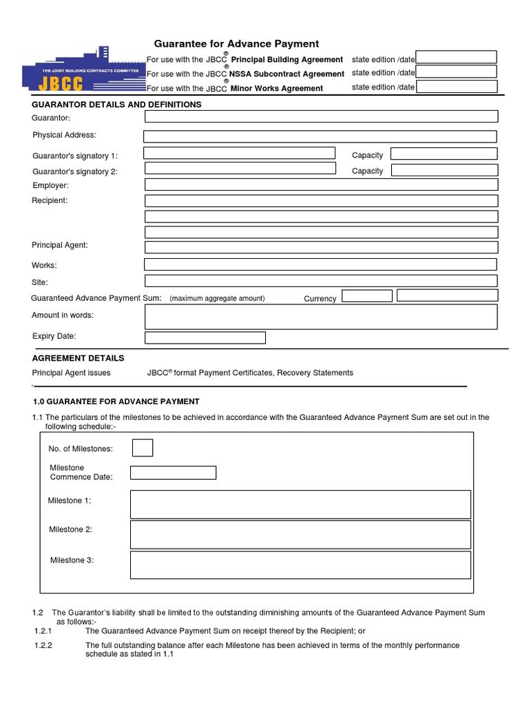 JBCC Guarantee For Advance Payment - Final 2020 | PDF | Guarantee | Surety JBCC Guarantee For Advance Payment - Final 2020 | PDF | Guarantee | Surety