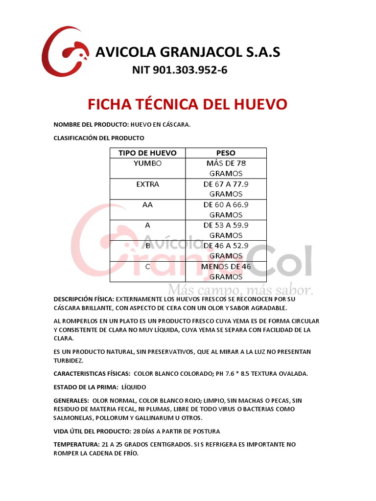 Ficha Técnica Avicola Granjacol | PDF | Huevo como alimento