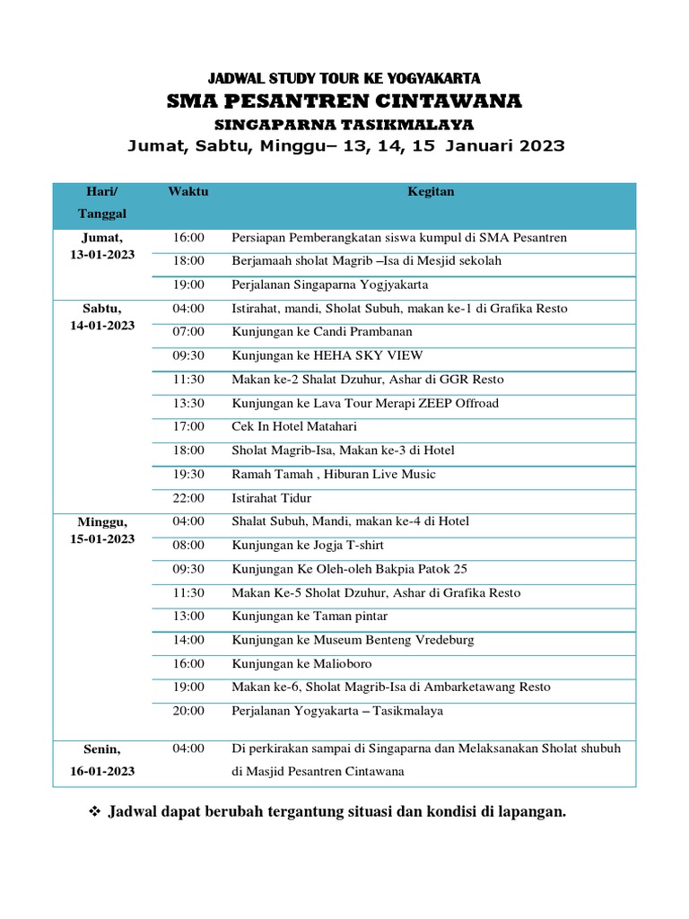 Jadwal Study Tour Yogyakarta 2023 | PDF