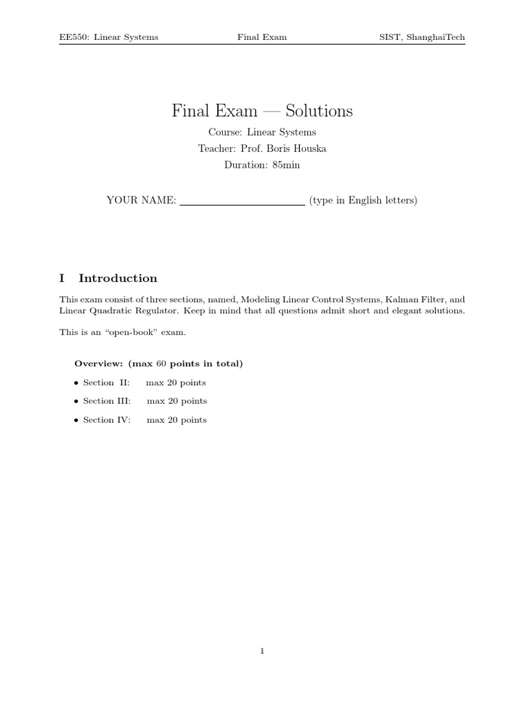Final Exam Solutions | PDF | Kalman Filter | Eigenvalues And Eigenvectors