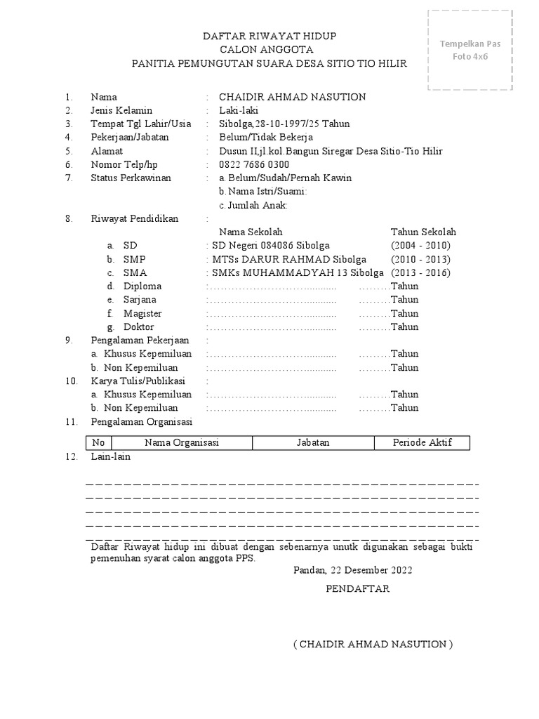 Daftar Riwayat Hidup PPS | PDF