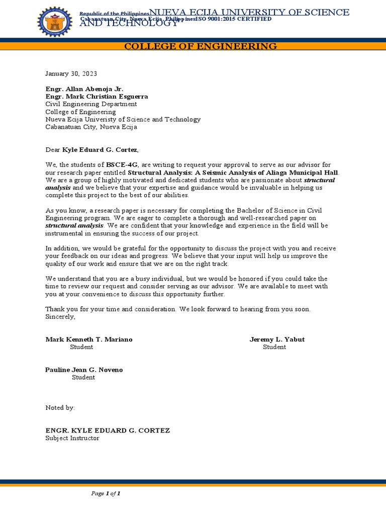 Request to Serve as Research Advisor for "Structural Analysis: A Seismic Analysis of Aliaga ...